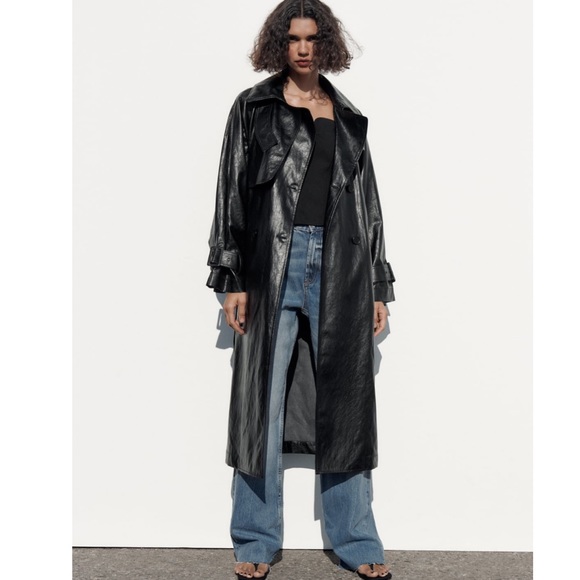 Zara | Jackets & Coats | Nwt Zara Belted Faux Leather Trench Black ...